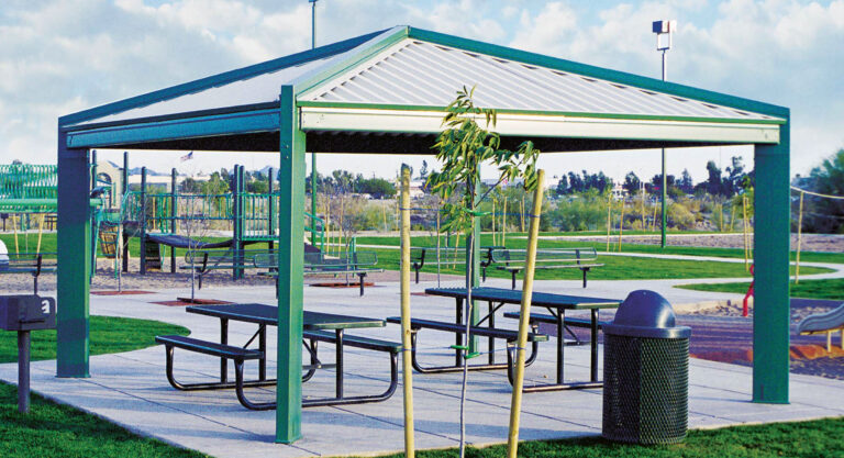 Verde model shade structure is easy-to-erect with corner-mounted columns